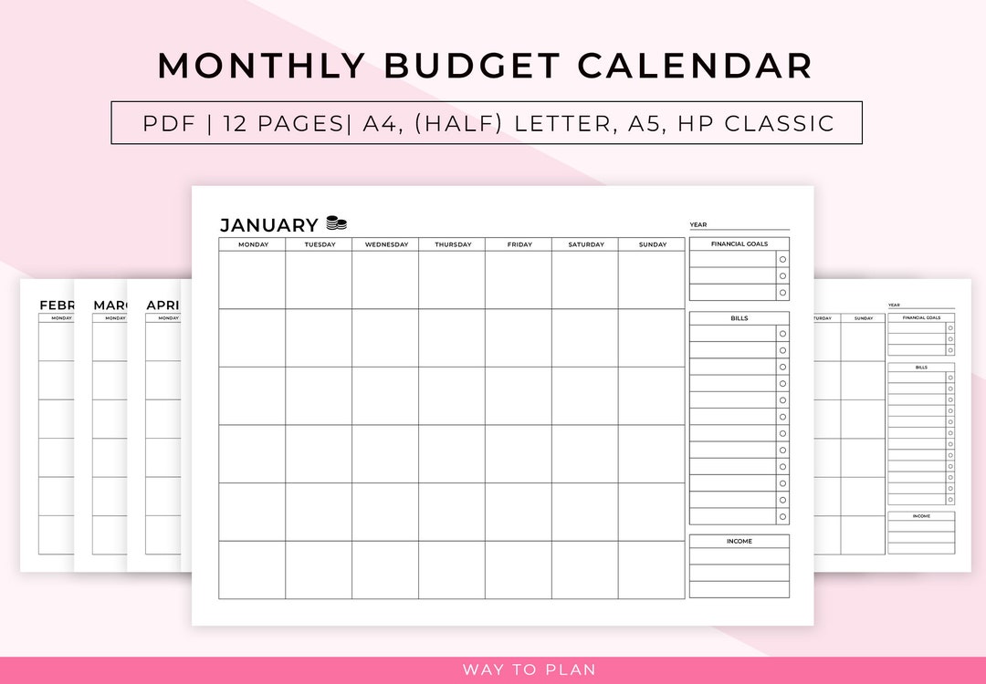 Monthly Budget Calendar Printable. Personal Finance Calendar. Bill ...