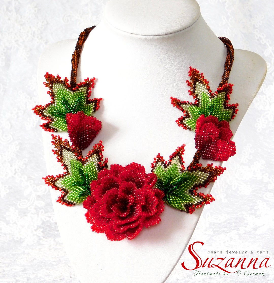 Beadwork Red Roses Flowers Necklace - Etsy