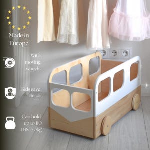 Toy Storage Organizer on Wheels, Kids Wooden Toys Box Bus, Toddler Wood ...