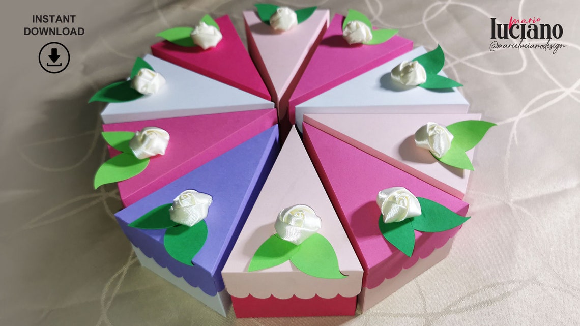 Paper Cake Slice Gift Boxes With Flower SVG, DXF Template EPS, Pdf ...