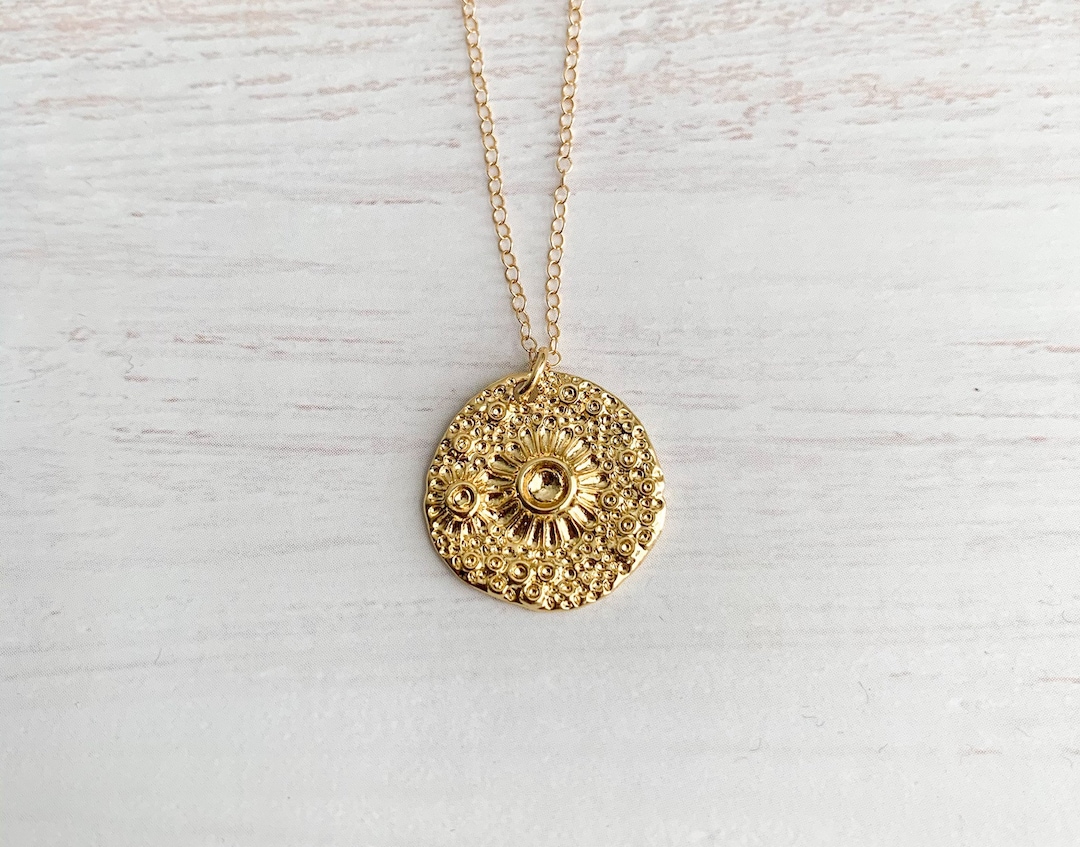 Gold Sun Coin Necklace: Dainty Celestial Pendant, 16" Boho Necklace - Etsy