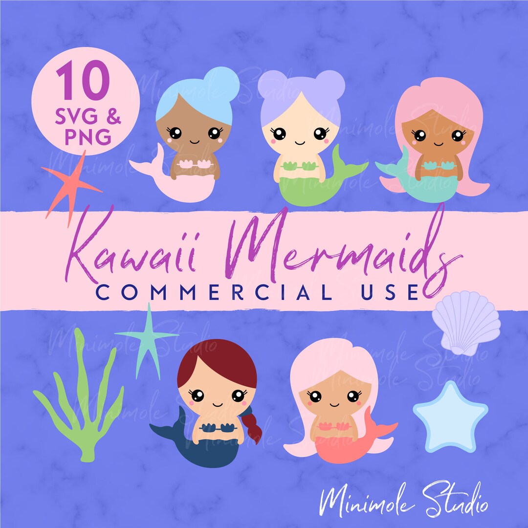 Cute Mermaid SVG Bundle, Kawaii Mermaid Clipart, Starfish Svg, Shell ...