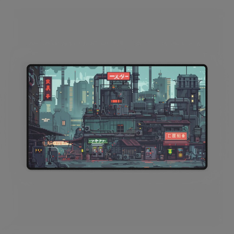 8-bit Pixel Art Cyberpunk Industrial City Mouse Mat Large & Extra Large ...