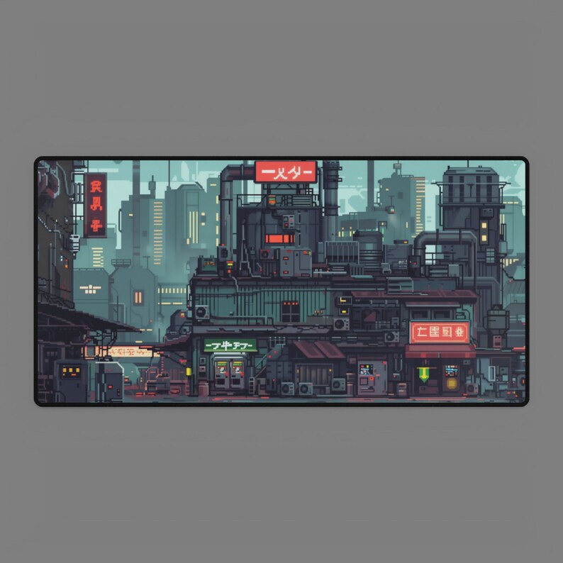 8-bit Pixel Art Cyberpunk Industrial City Mouse Mat Large & Extra Large ...