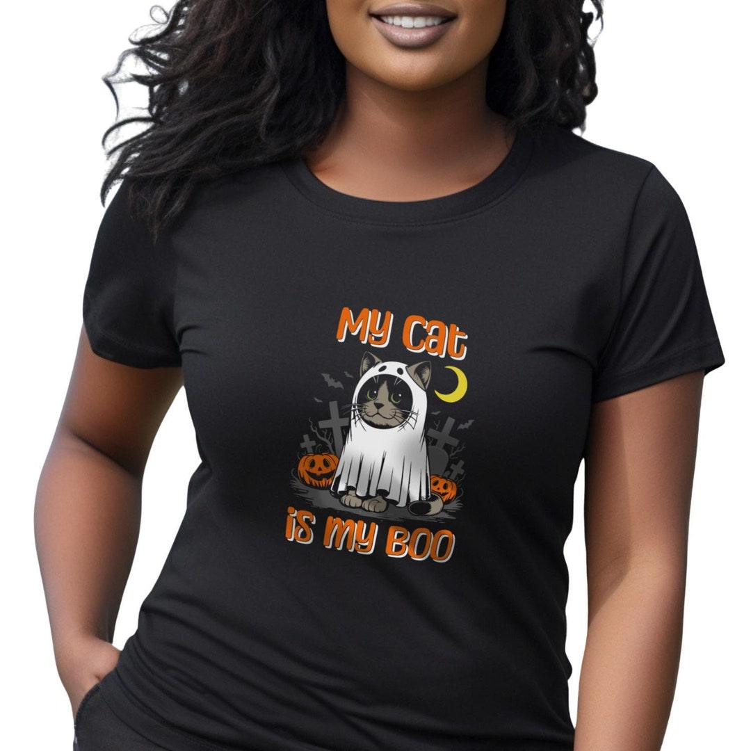 My Cat is My Boo Halloween With Pumpkins, Bats, Moon, Tombstones, Women ...