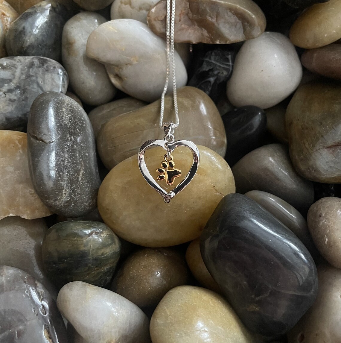 Dog Bone Heart With Dangle Paw Print Sterling Silver Pendant Necklace ...