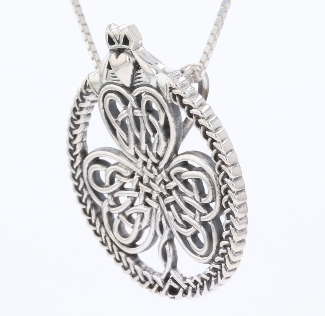 Celtic Claddagh Heart in Hands Clover Sterling Silver Pendant Necklace ...