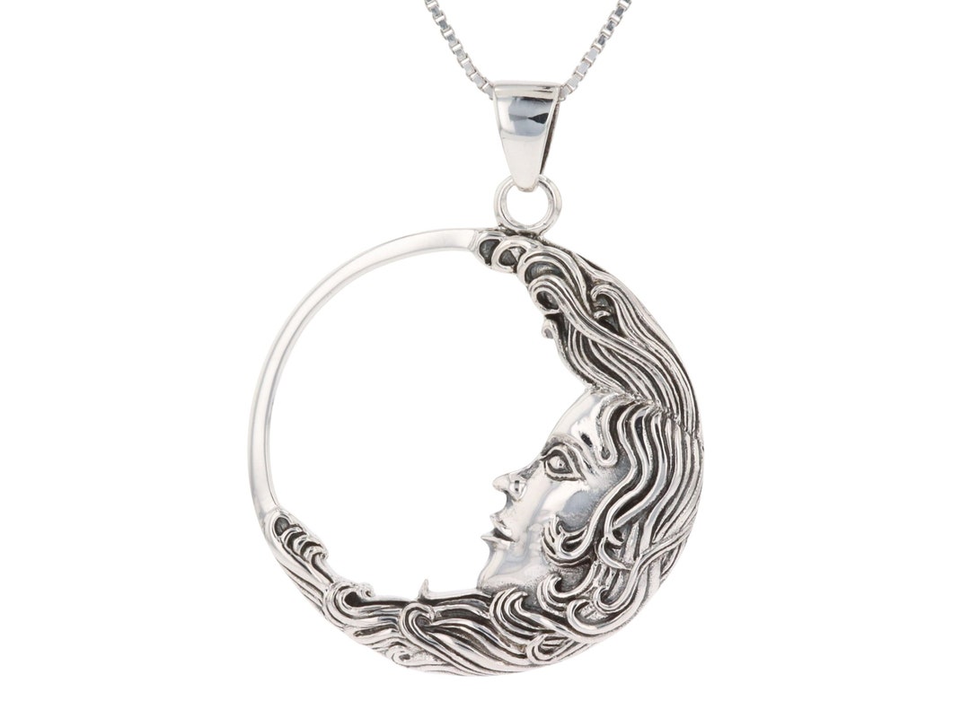 Large Crescent Moon Goddess Face Sterling Silver Pendant Necklace 18 ...