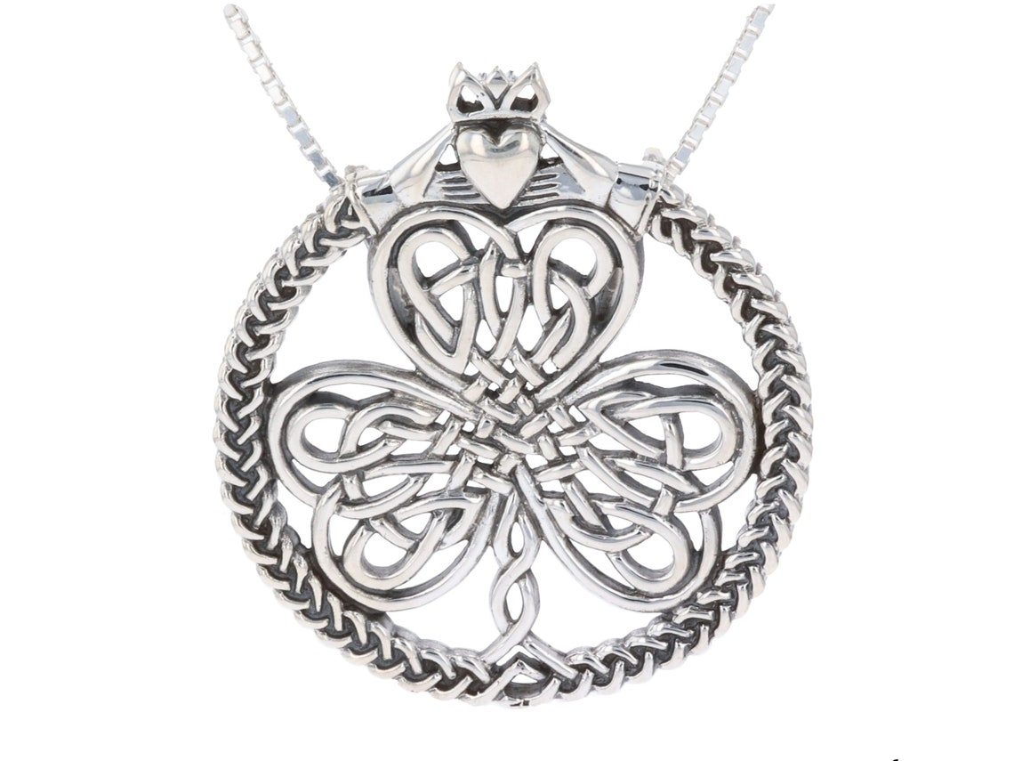 Celtic Claddagh Heart in Hands Clover Sterling Silver Pendant Necklace ...