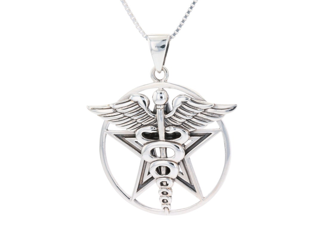 Caduceus Star Pentagram Pentacle Sterling Silver Pendant Necklace 18 ...