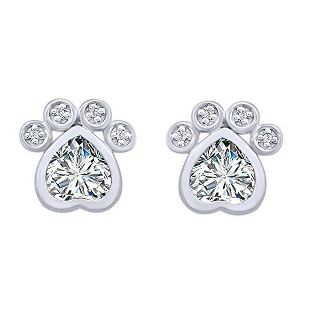 Solid Sterling Silver Paw Print Stud Earrings - D/VVS1 Diamond Dog Paw ...