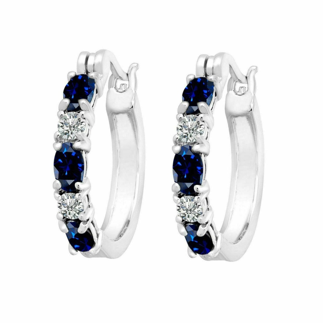 2.10 CT Blue Sapphire Hoop Earrings, Simulated Diamonds 14K White Gold ...