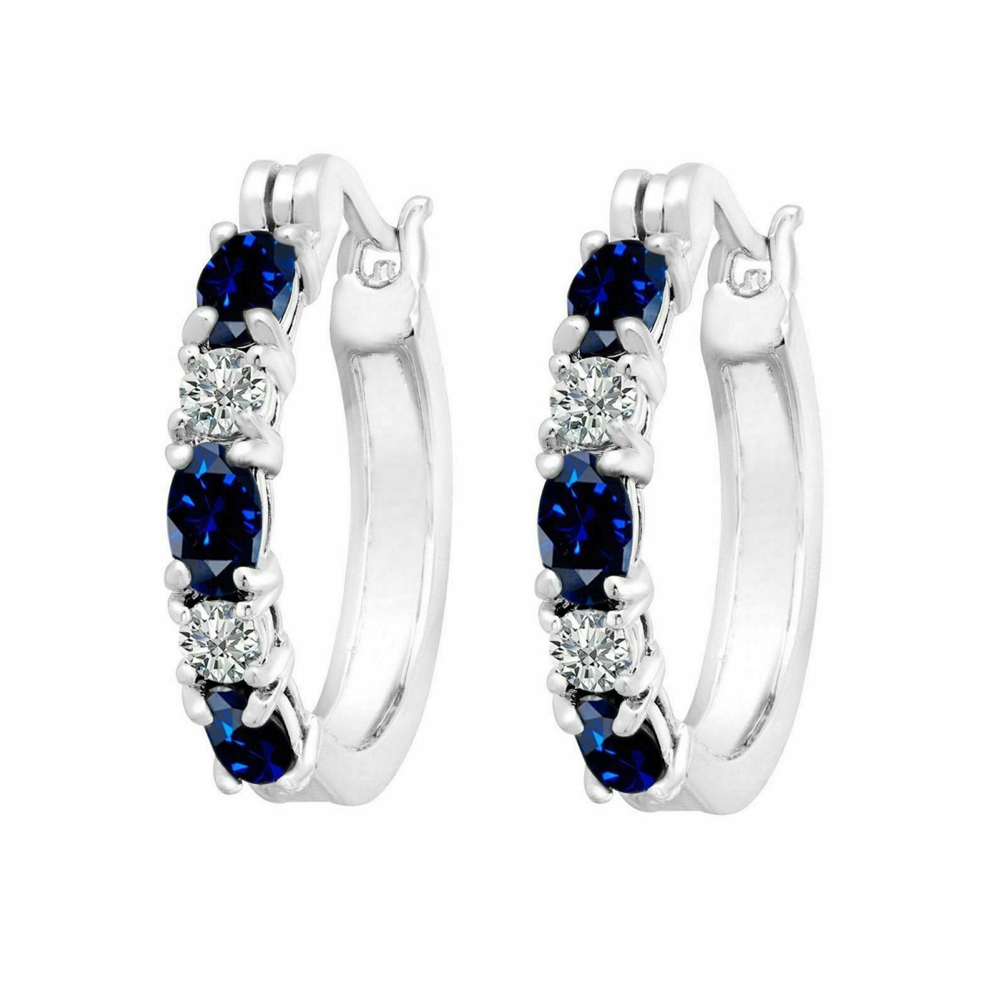 2.10ct Blue Sapphire Hoop Earrings With Simulated Diamonds 14K - Etsy
