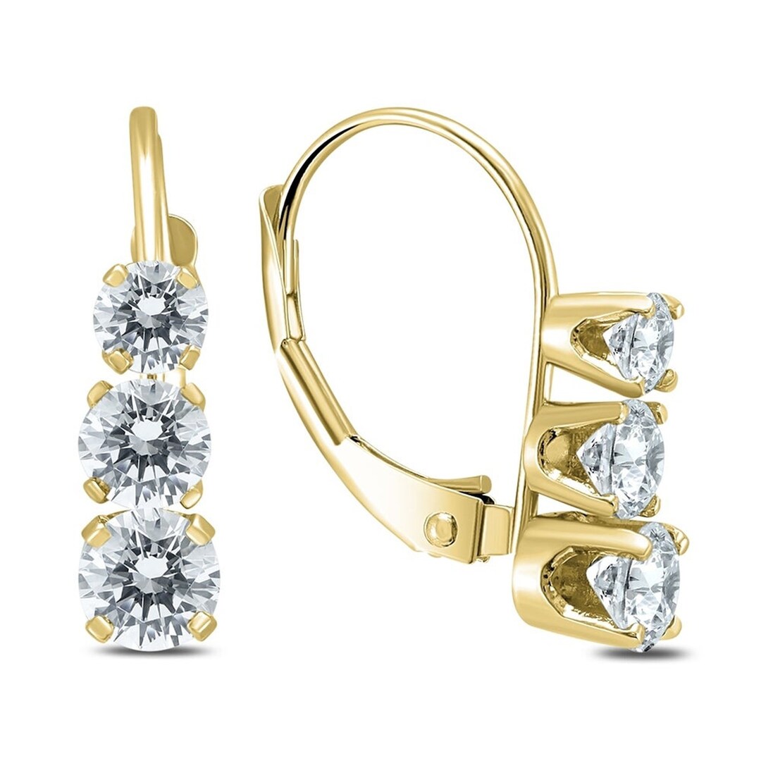 1.50CT Three Stone Real Moissanite Drop Earrings | Leverback Earrings ...