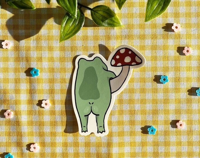 Cute Frog Hanging From Mushroom Vinyl Sticker Cottagecore Cute Frog Butt Etsy