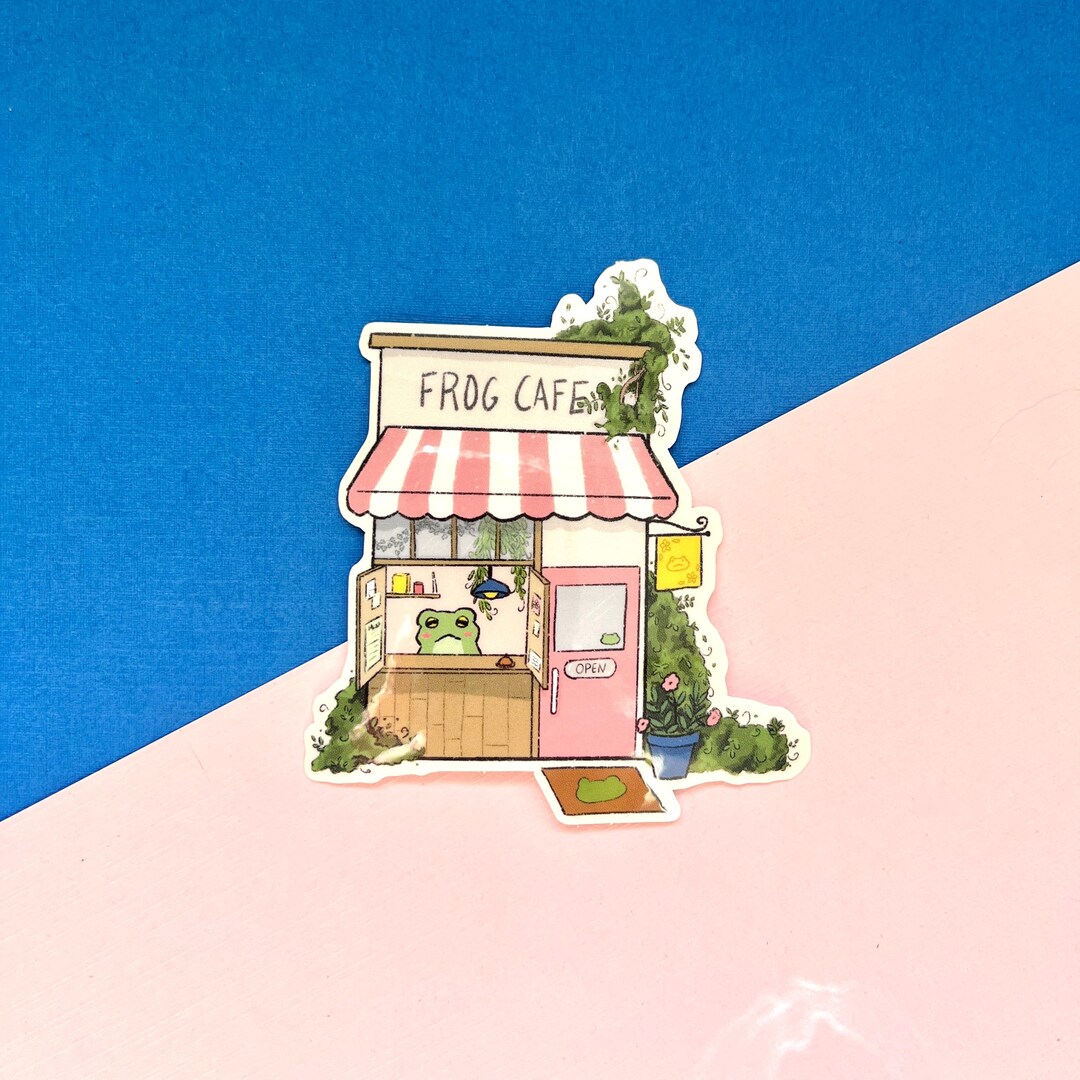 Frog Cafe Transparent Vinyl Sticker | Cute Frog Cafe Pink Diecut Vinyl ...