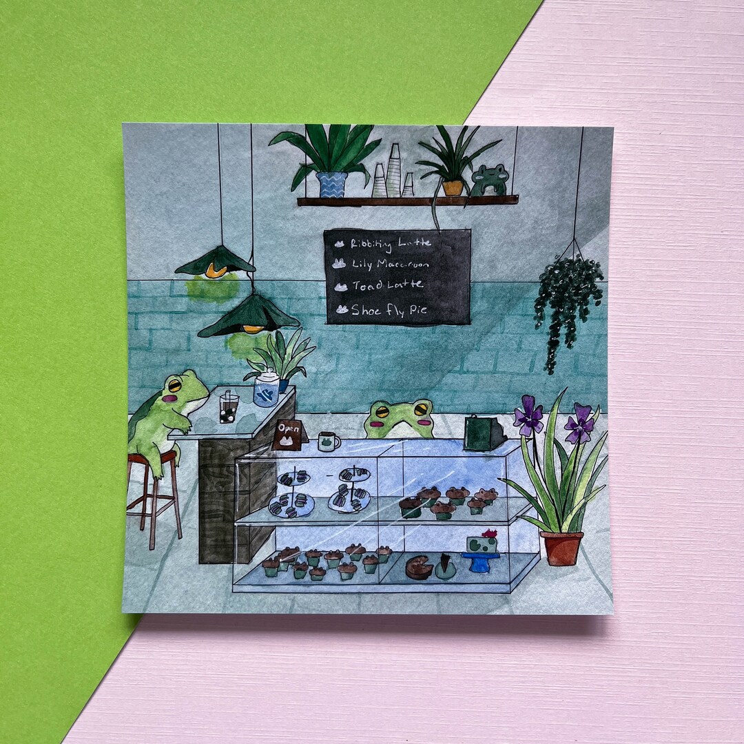 Square Frog Cafe Art Print Cute Watercolor Frog Art Print Matte, Wall ...