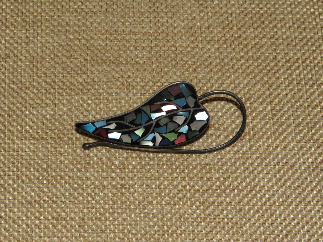 Vintage Reuven Sterling Silver Mother of Pearl Inlay Leaf Pin Brooch ...