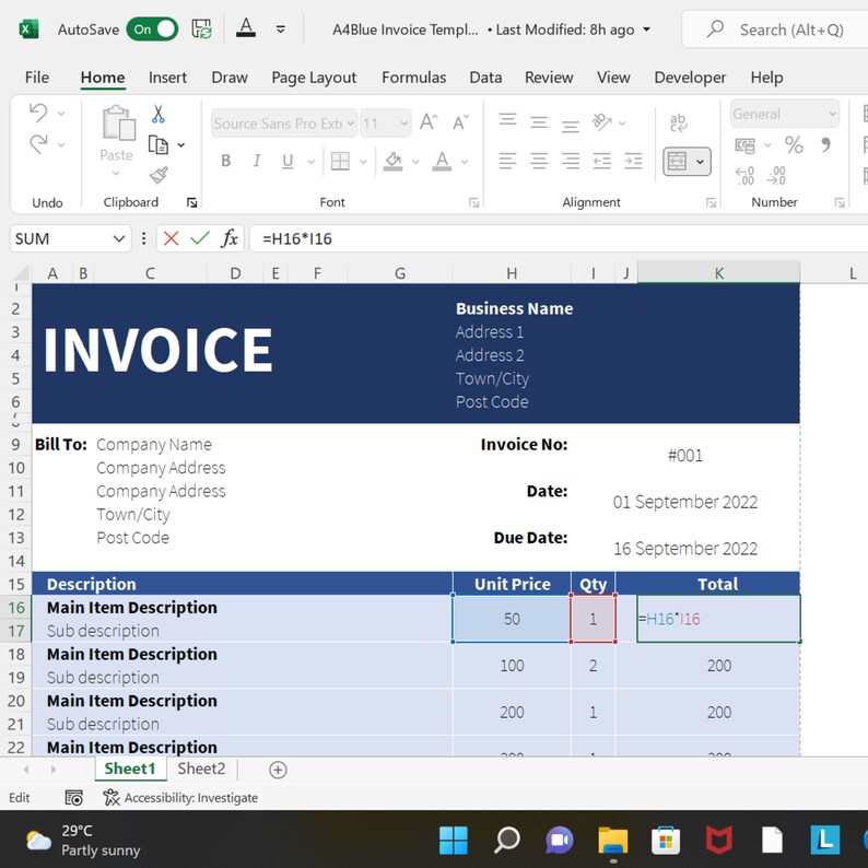 A4 Editable Excel Invoice Spreadsheet Template, Receipt Template, Order ...