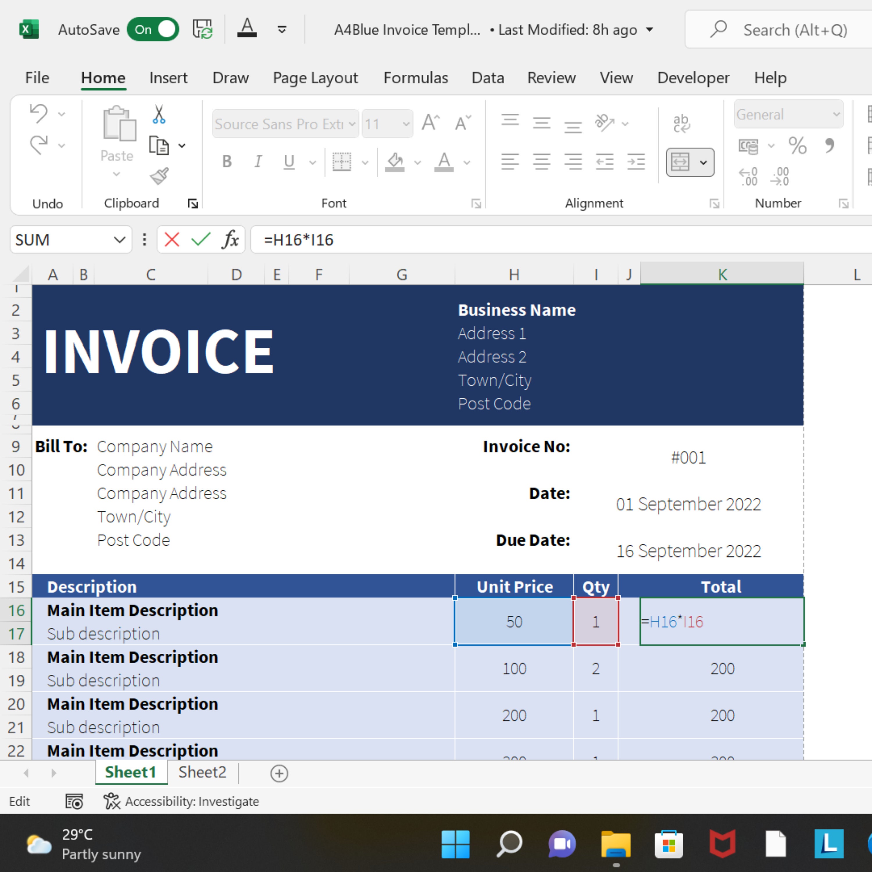 A4 Editable Excel Invoice Spreadsheet Template, Receipt Template, Order ...