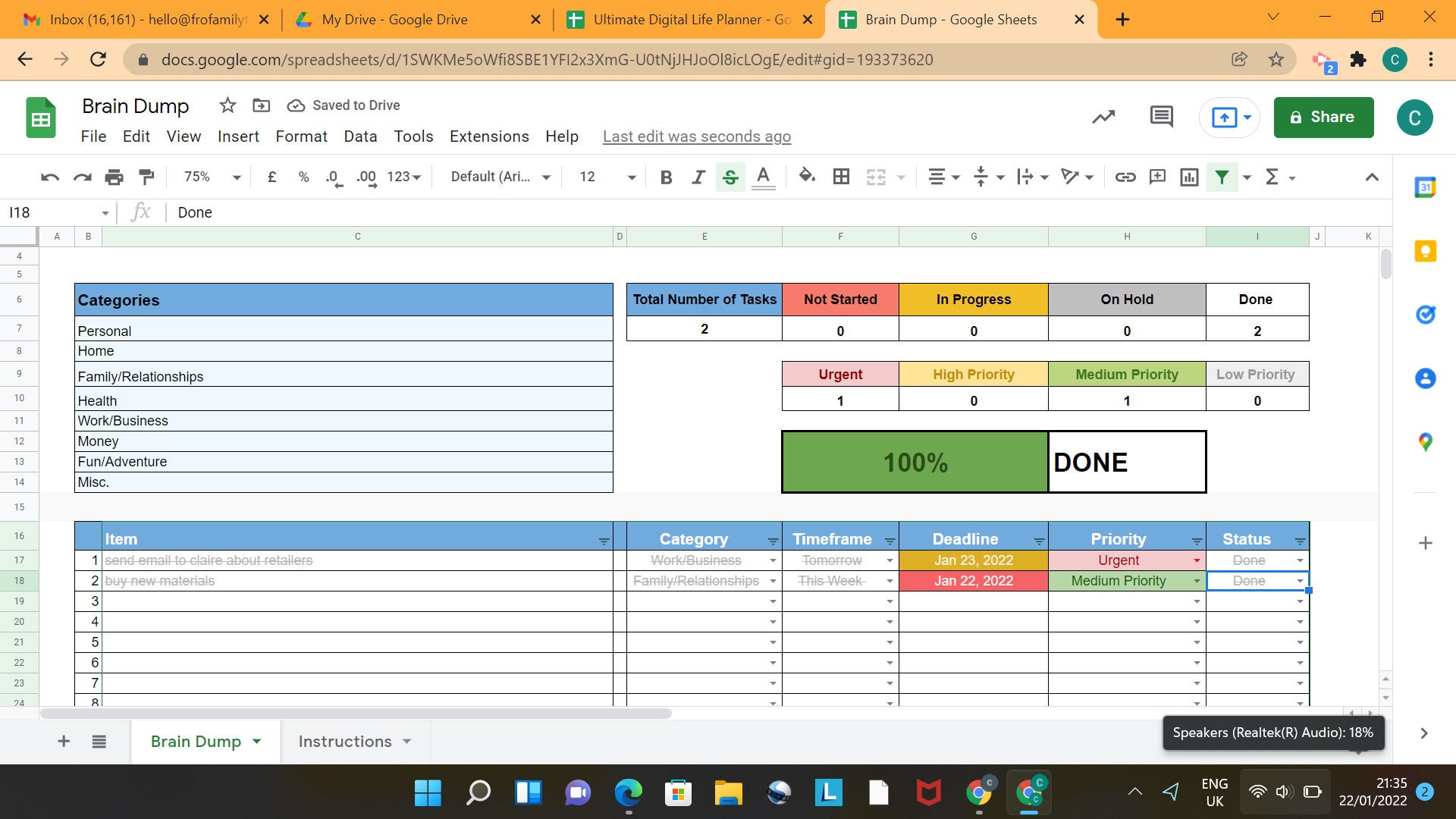 Brain Dump Life Planner Spreadsheet, Excel to Do List, Adhd Digital Planner, Adhd Brain Dump ...