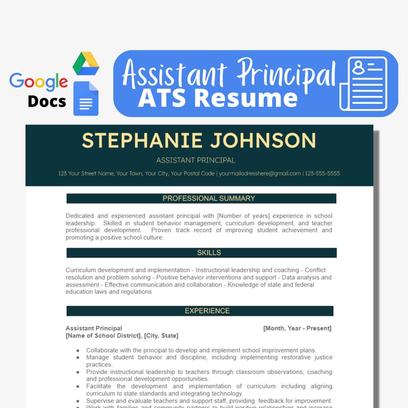 Assistant Principal Resume, CV, Google Docs Resume Template, Aspiring ...
