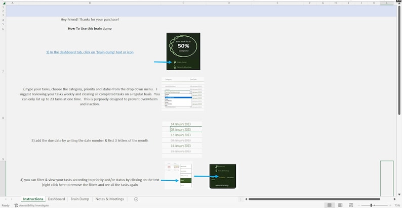 Brain Dump Excel Spreadsheet, Adhd to Do List, Excel Dashboard, Digital ...