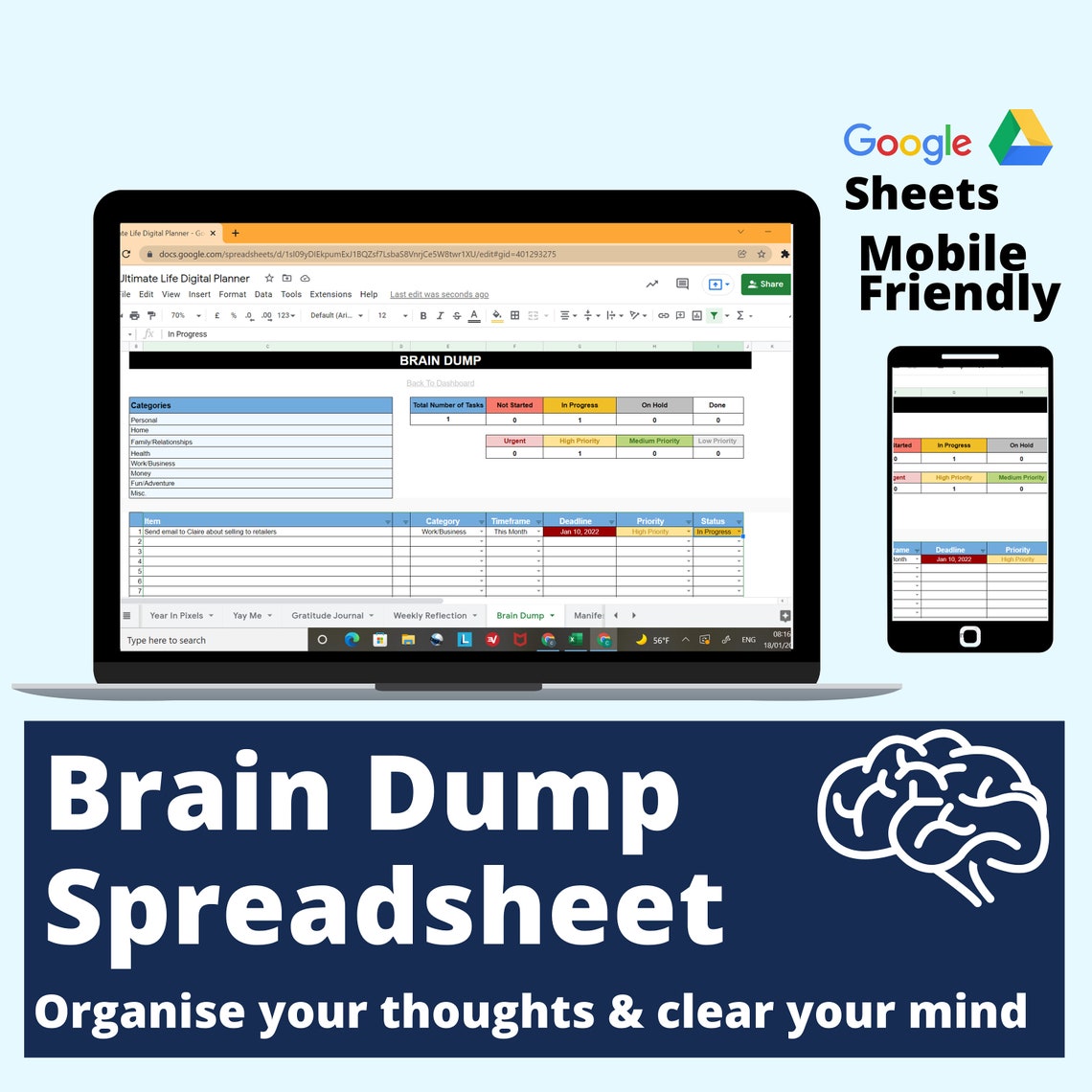 Brain Dump Life Planner Spreadsheet Excel to Do List Adhd - Etsy