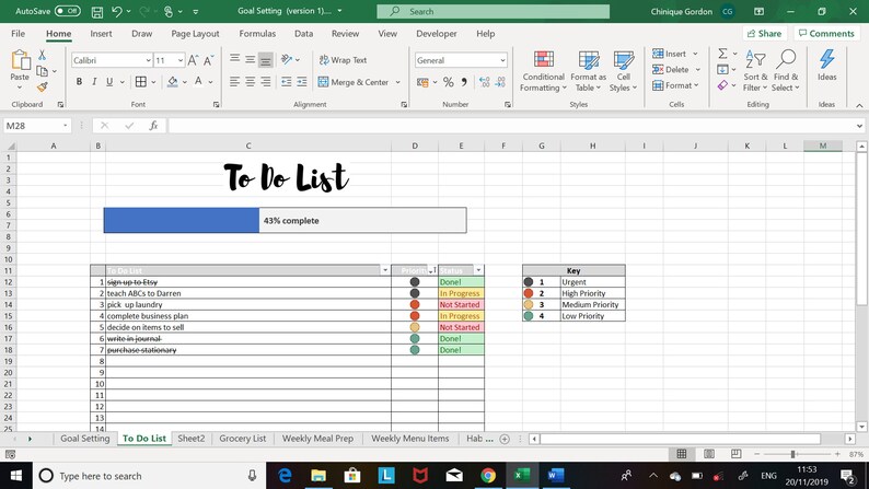 Daily Schedule to Do List Progress Tracker Excel Spreadsheet, Personal ...