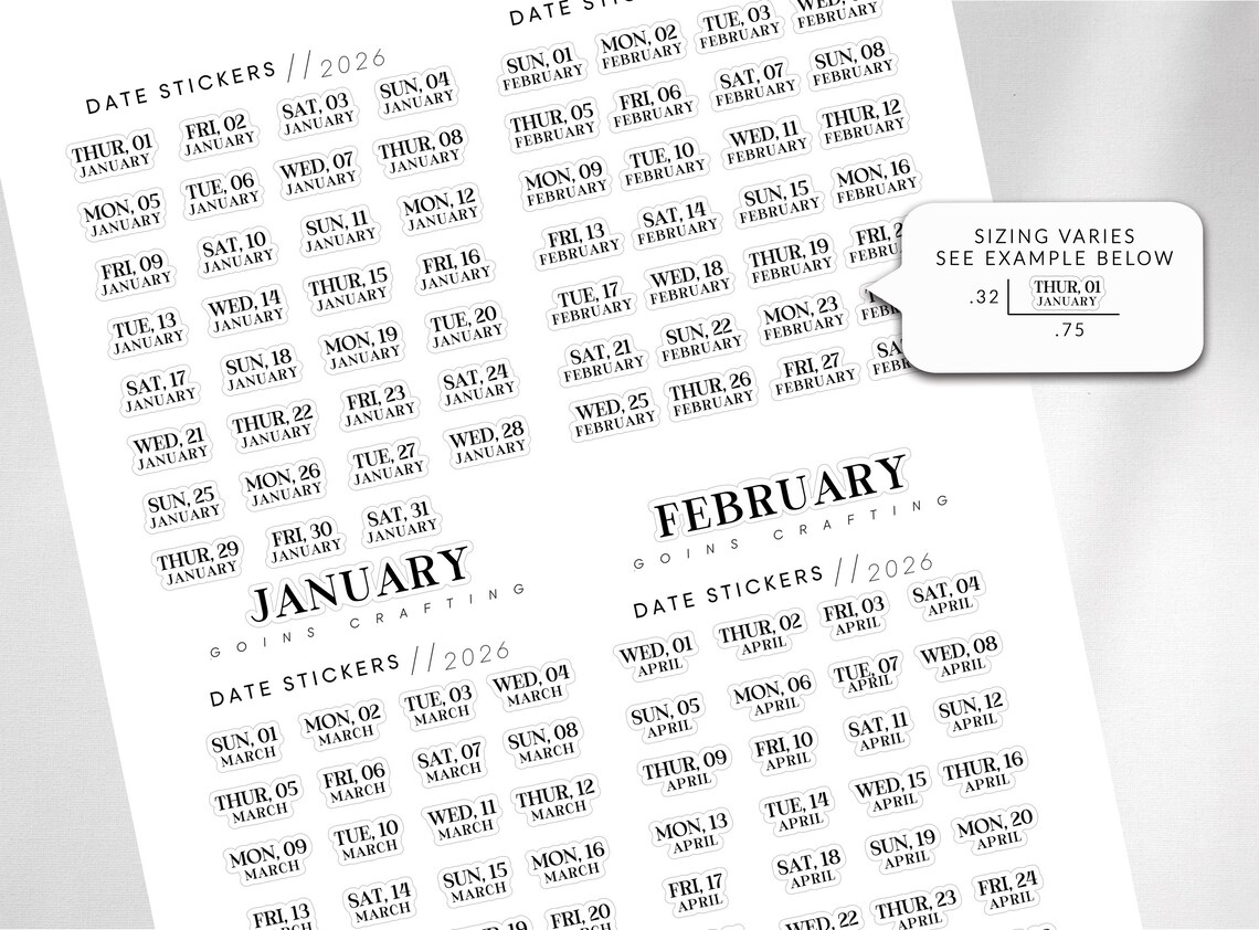 2026 Dates STACKED, Minimal Planner Stickers, Journal Stickers, Digital ...