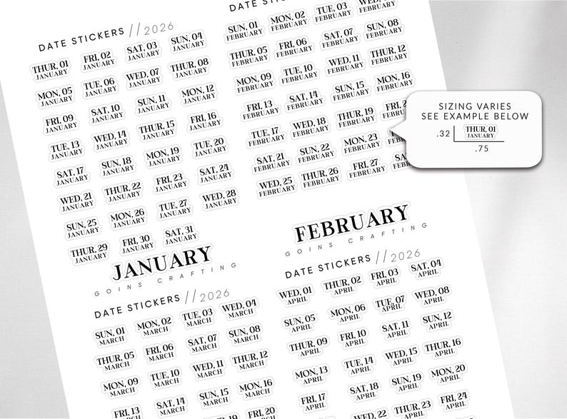 2026 Dates STACKED, Minimal Planner Stickers, Journal Stickers, Digital ...