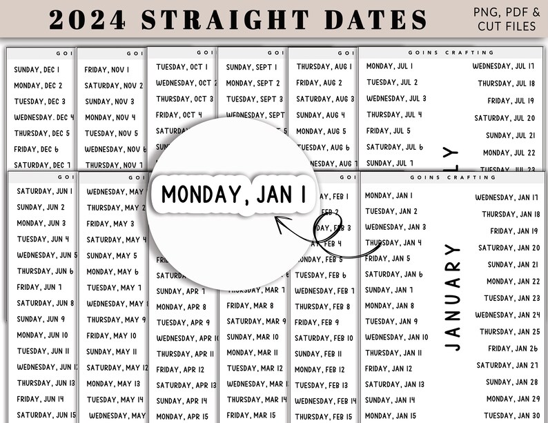 2024 Date Stickers Straight, Stacked Dates Minimal Planner Stickers ...