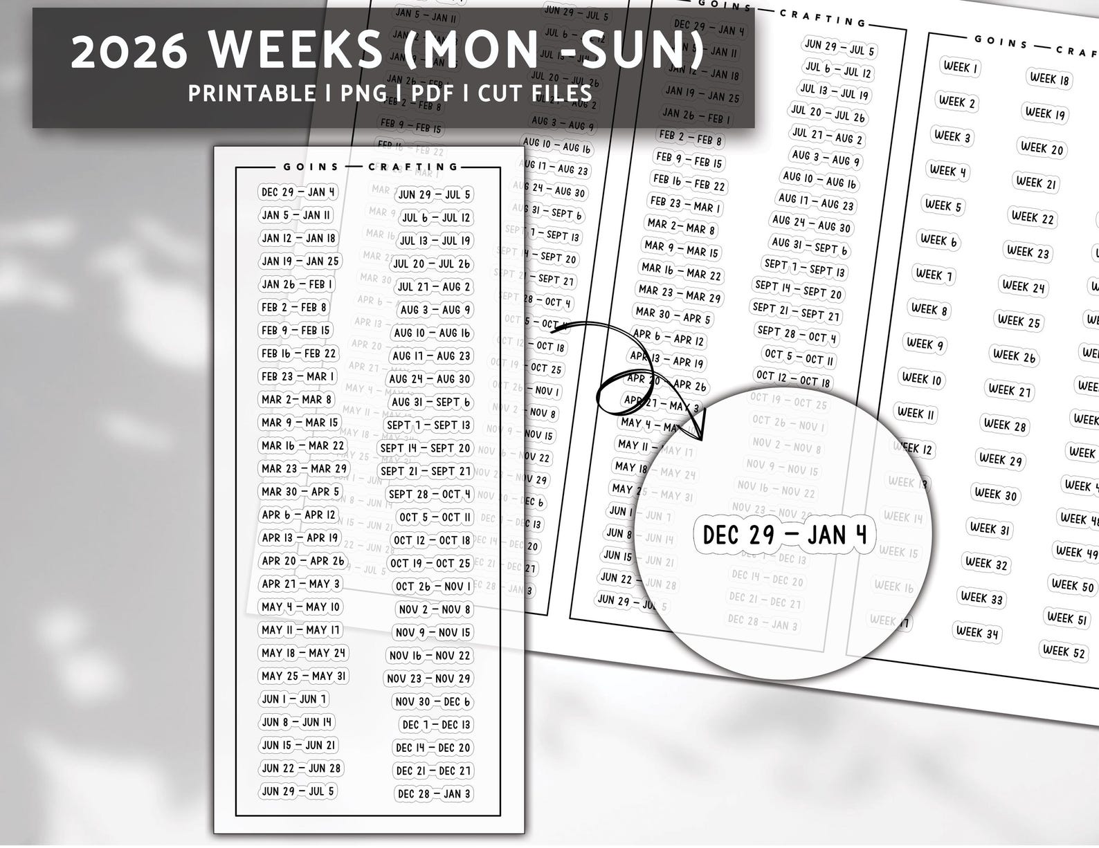 2026 Weeks Mon - Sun STRAIGHT Font, Minimal Planner Stickers, Journal ...