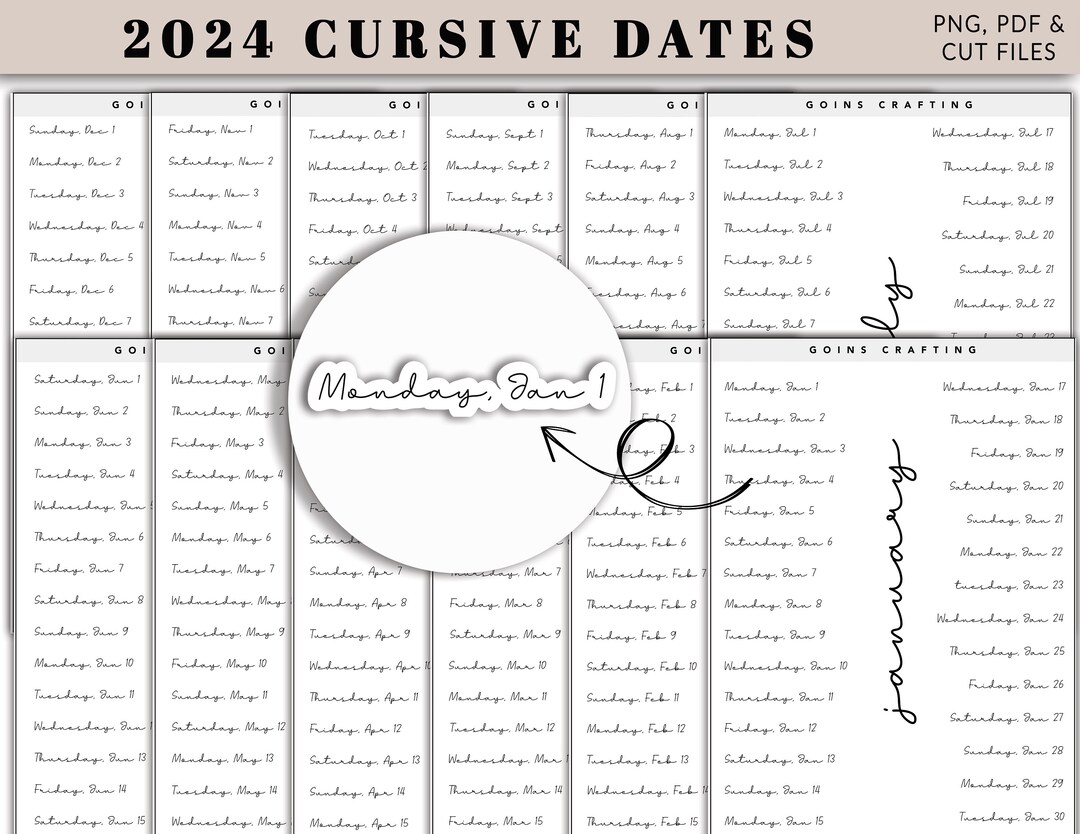 2024 Date Stickers Cursive, Stacked Dates Minimal Planner Stickers ...