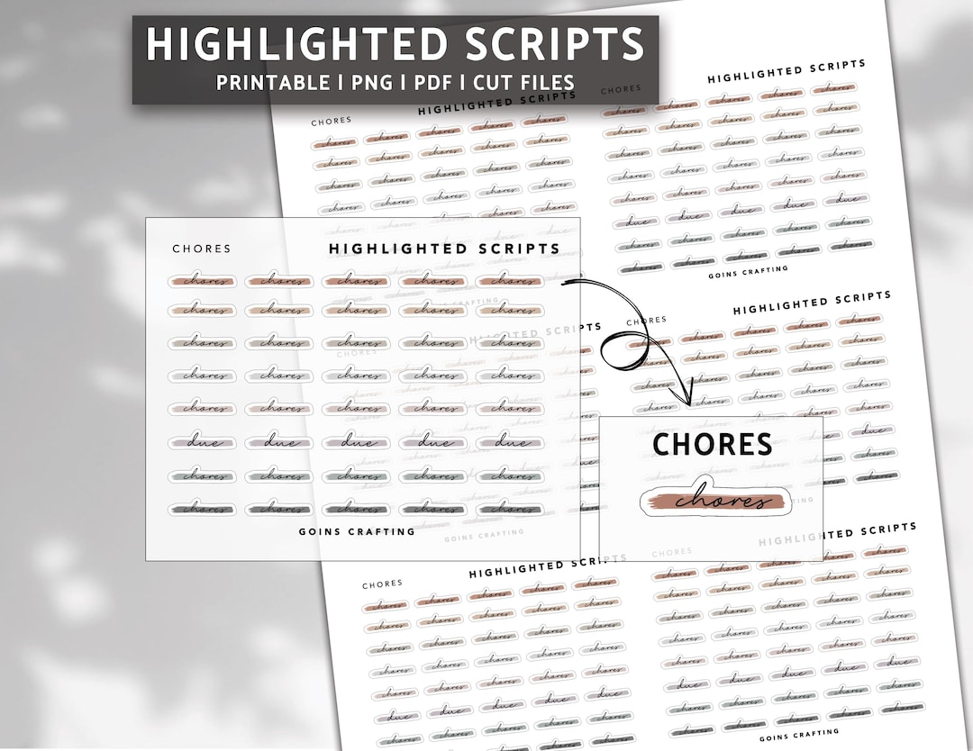 CHORES Cursive Highlighted Scripts, Minimal Planner Stickers, Journal ...