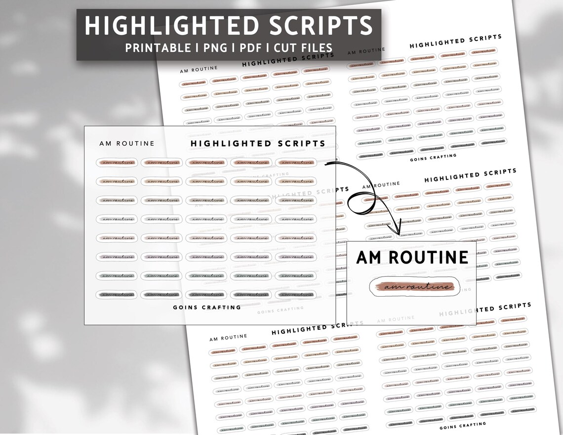 AM ROUTINE Cursive Highlighted Scripts, Minimal Planner Stickers ...