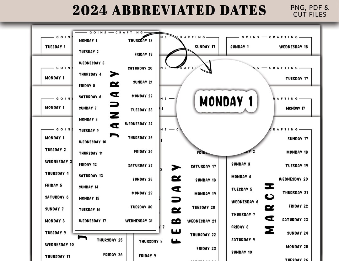 2024 Abbreviated Date Stickers Bold Minimal Planner Stickers, Journal ...