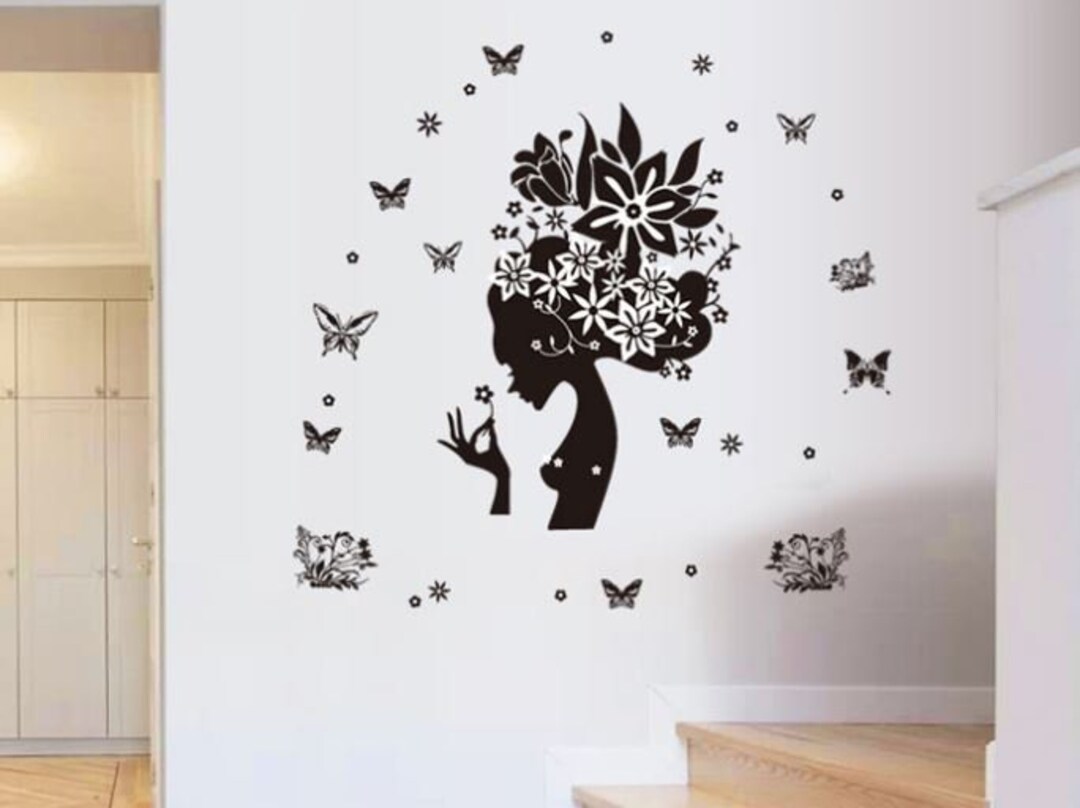 Pretty Lady Wall Sticker With Butterfly Flower Wall Art Decoration ...