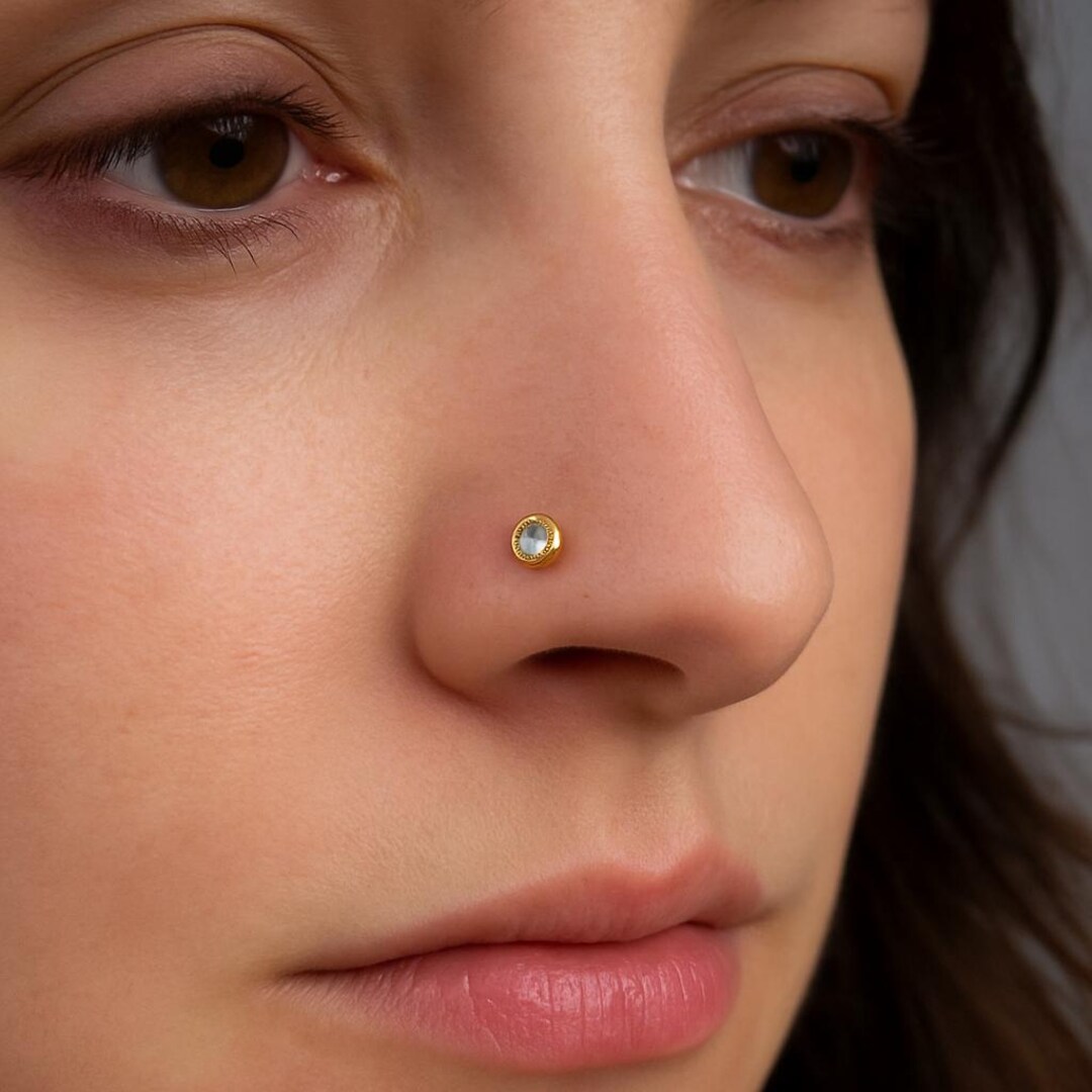 Nose Nail Piercing Cartilage 14K Gold Filled With Aquamarine Stone 3mm ...