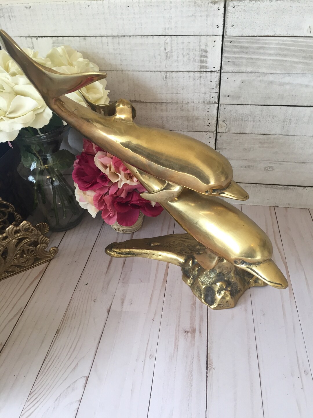 Vintage Large Brass Dolphins Sculpture. Stunning 15'' Mid-century Solid ...