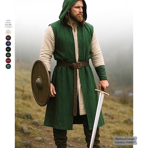 Medieval Viking Half Sleeveless Hooded Open Front Surcoat– 100% Cotton ...