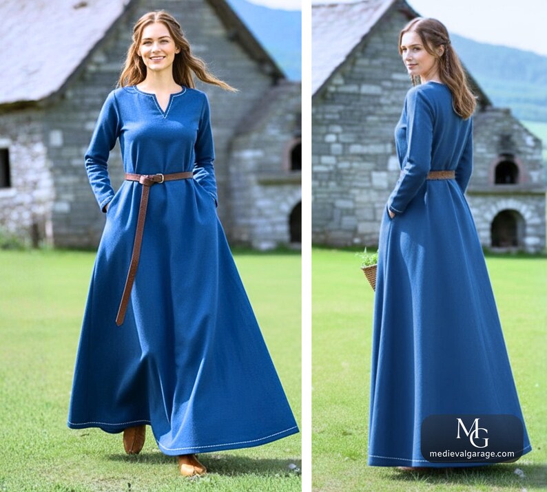 FLARA Medieval Viking Cotton Underdress, Linen-look Canvas Dress, Long ...