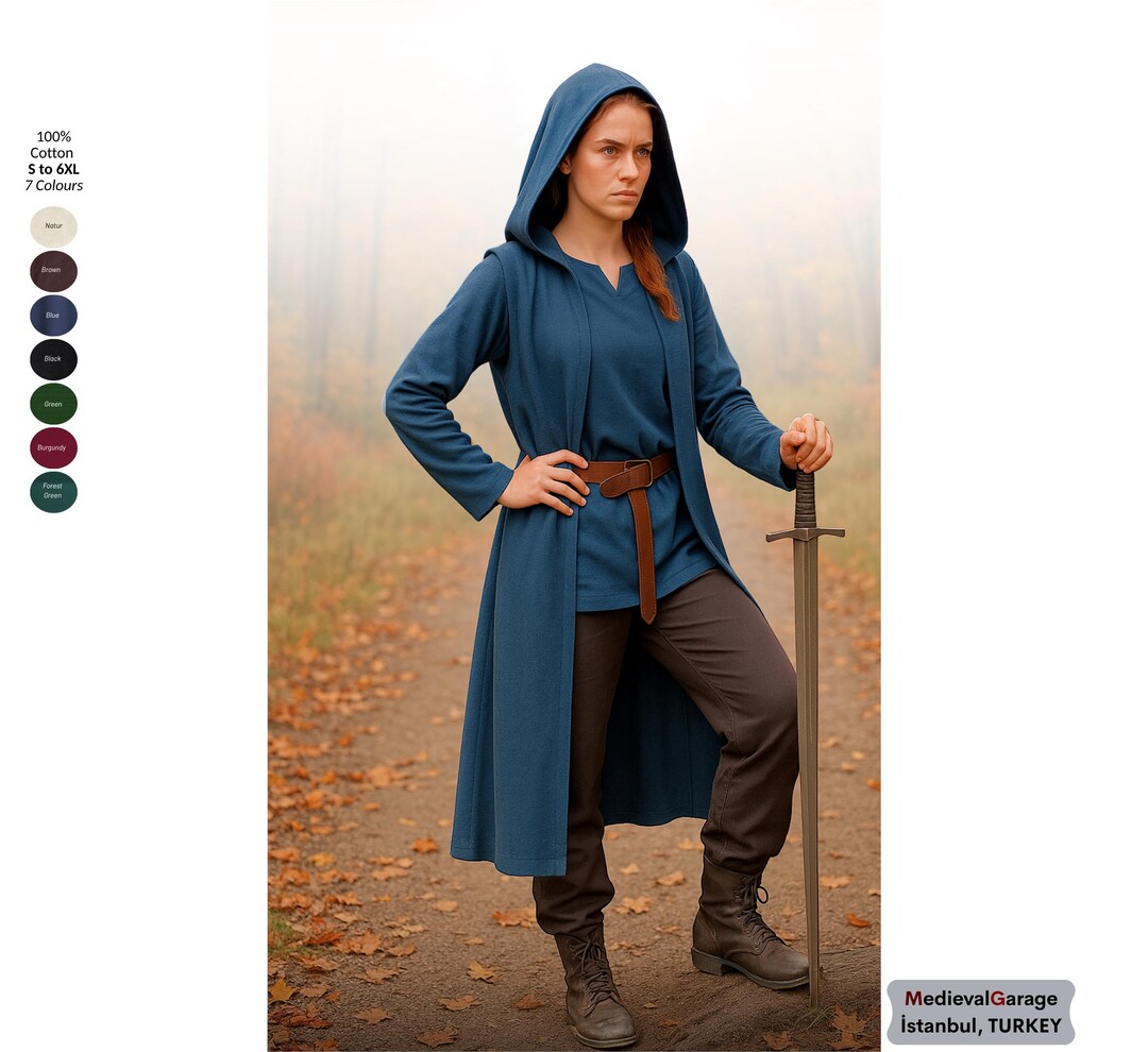 Medieval Viking Sleeveless Hooded Open Front Surcoat– 100% Cotton – S ...
