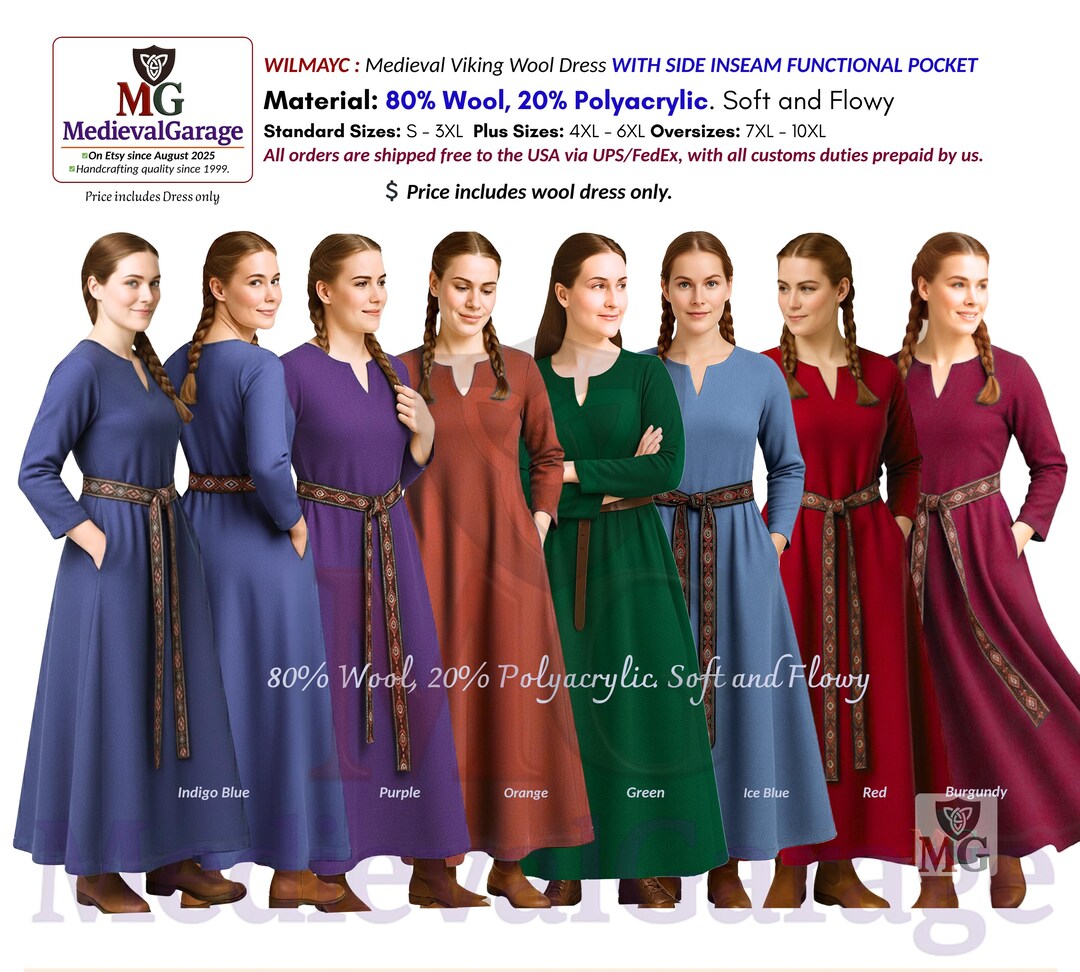 WILMA Medieval Wool Gown – No Pockets – Viking Long Sleeve Dress for ...