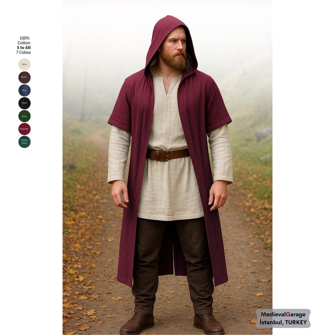 Medieval Viking Half Sleeve Hooded Open Front Surcoat– 100% Cotton ...