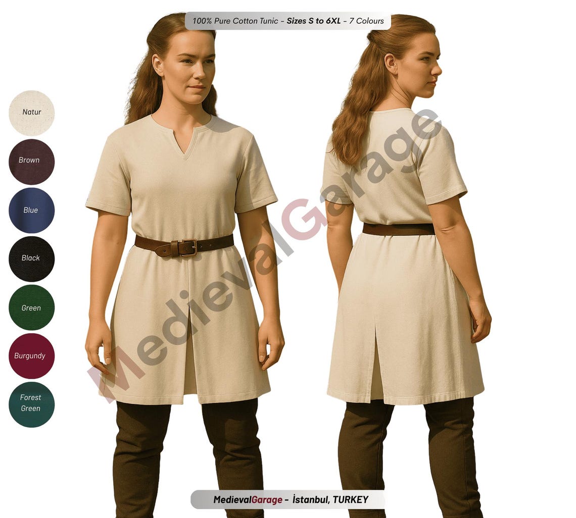 ODRIN Viking Undertunic – Short Sleeve V Neck – Front & Back Slits ...