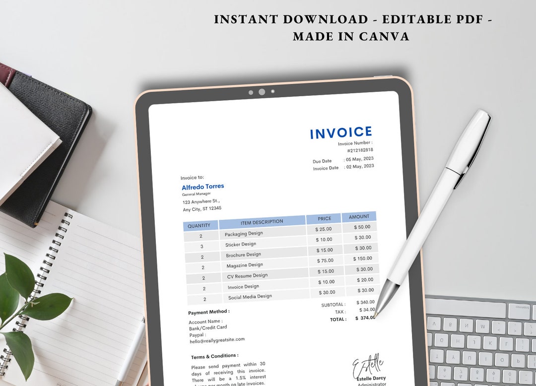 Editable Blue Minimalist Business Invoice Template | Printable Invoice ...