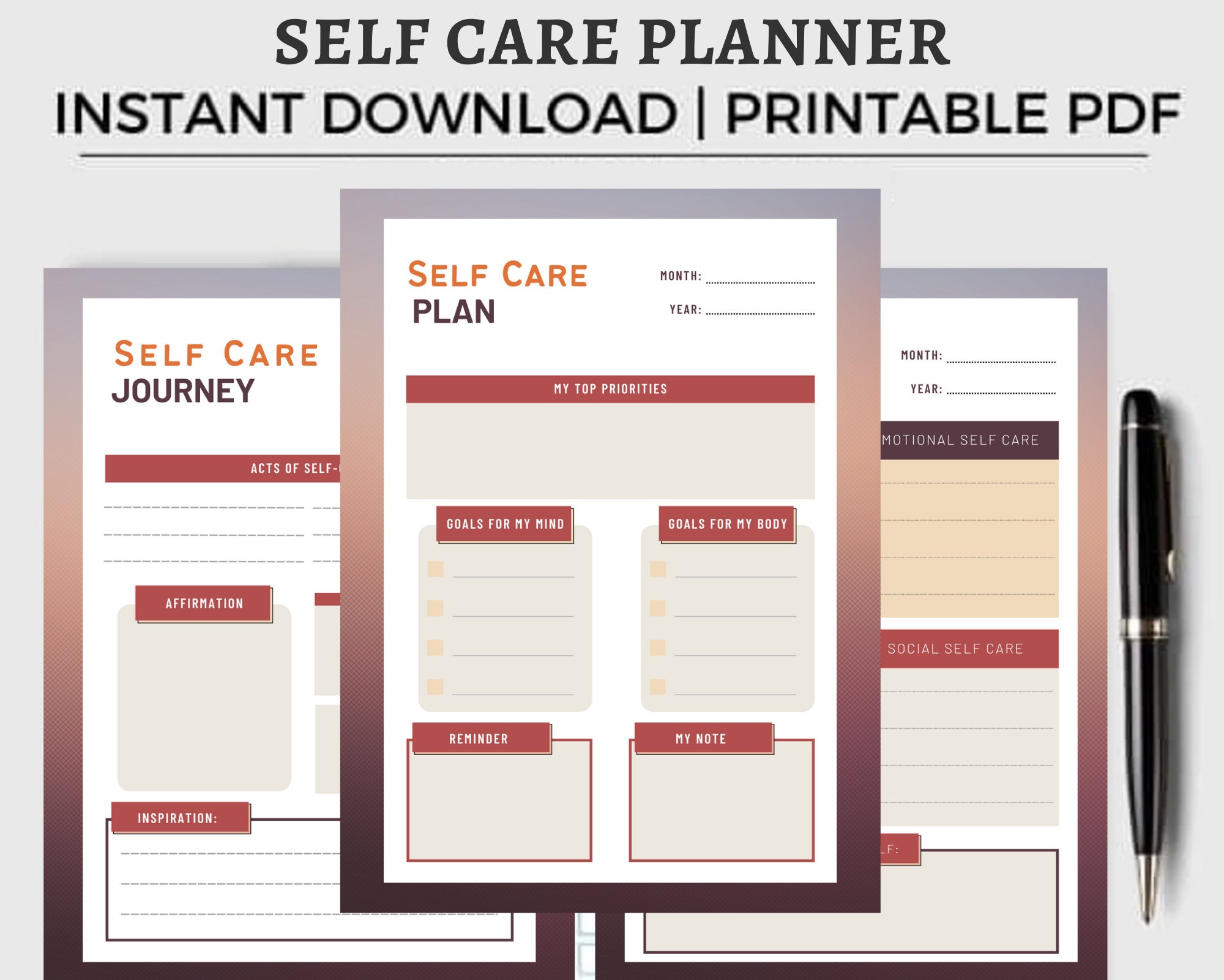 Editable Self Care Planner Mindfulness Journal Printable Self Care ...