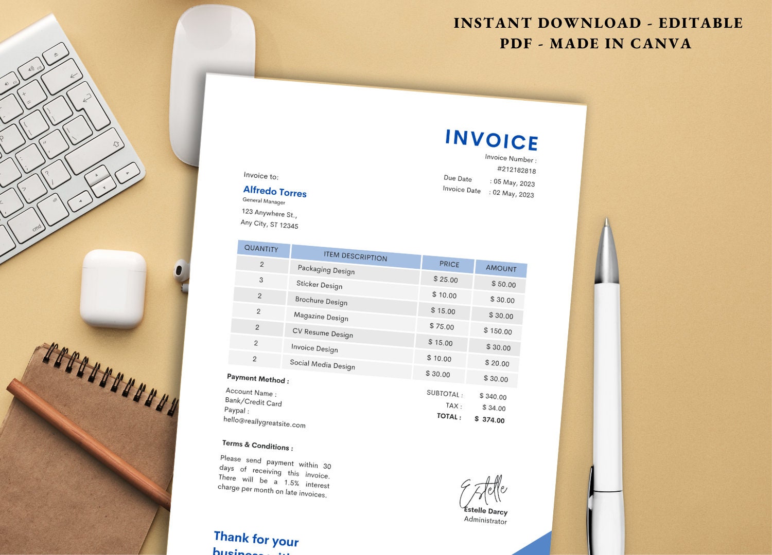 Editable Blue Minimalist Business Invoice Template | Printable Invoice ...
