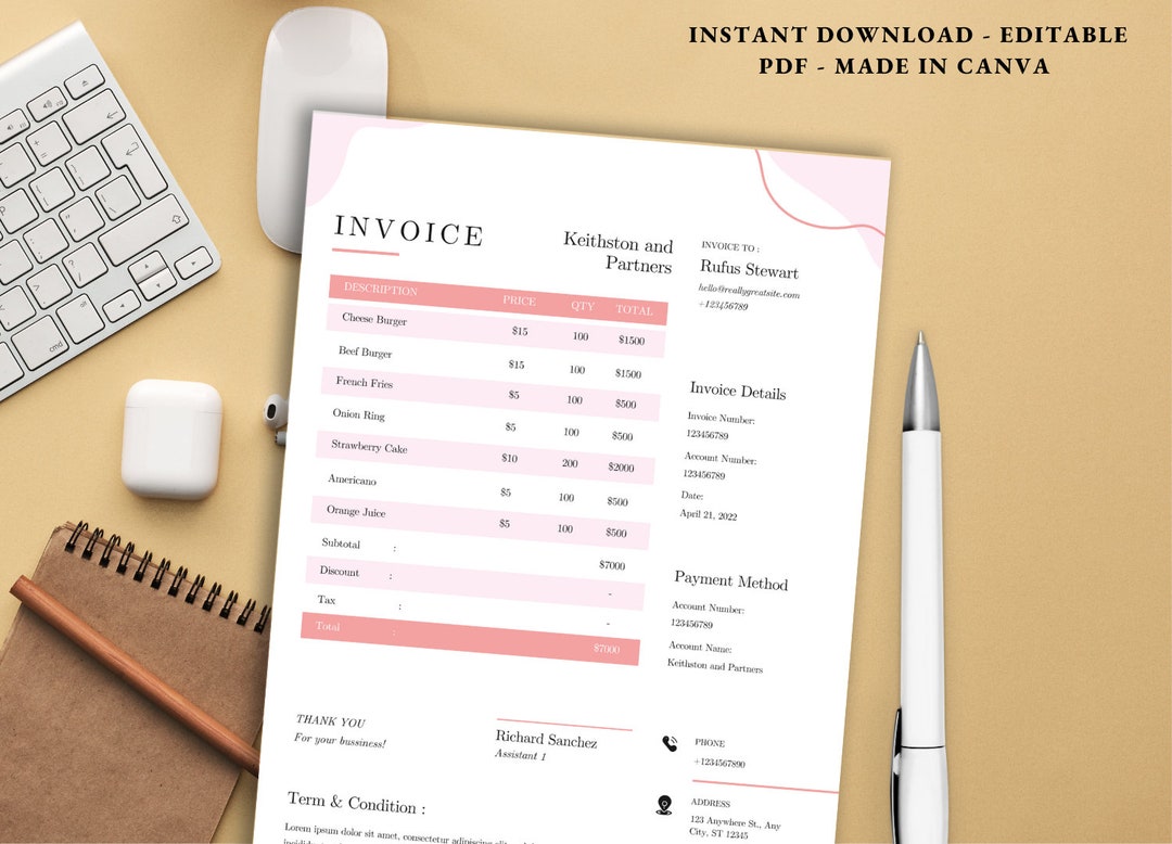 Modern Pink Bold Business Invoice Template | Editable Printable Invoice ...